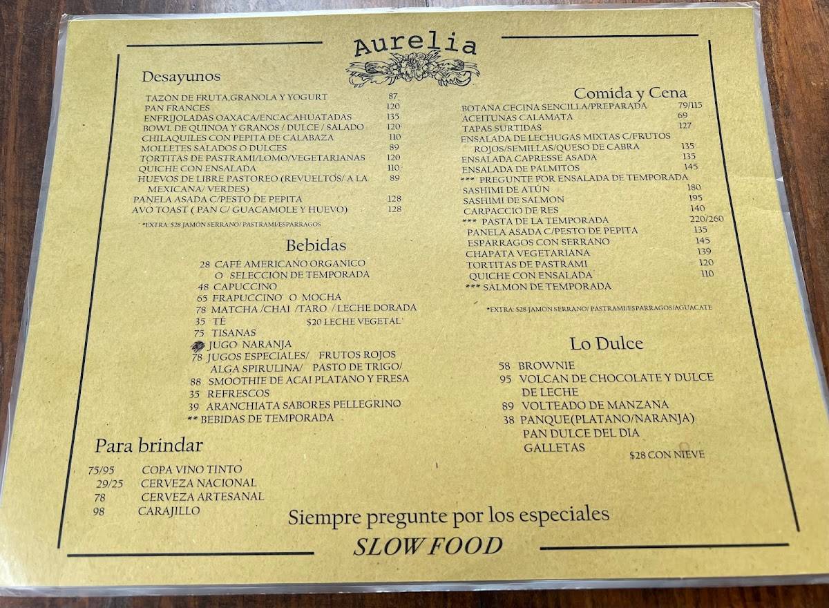 Carta del restaurante Aurelia, Zapopan, Av. Aurelio Ortega 769 Esq