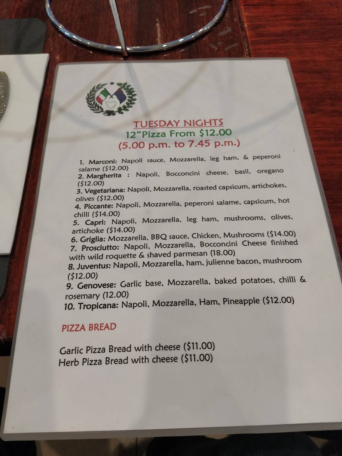 Menu at Australian Italian Club of Hobart, North Hobart