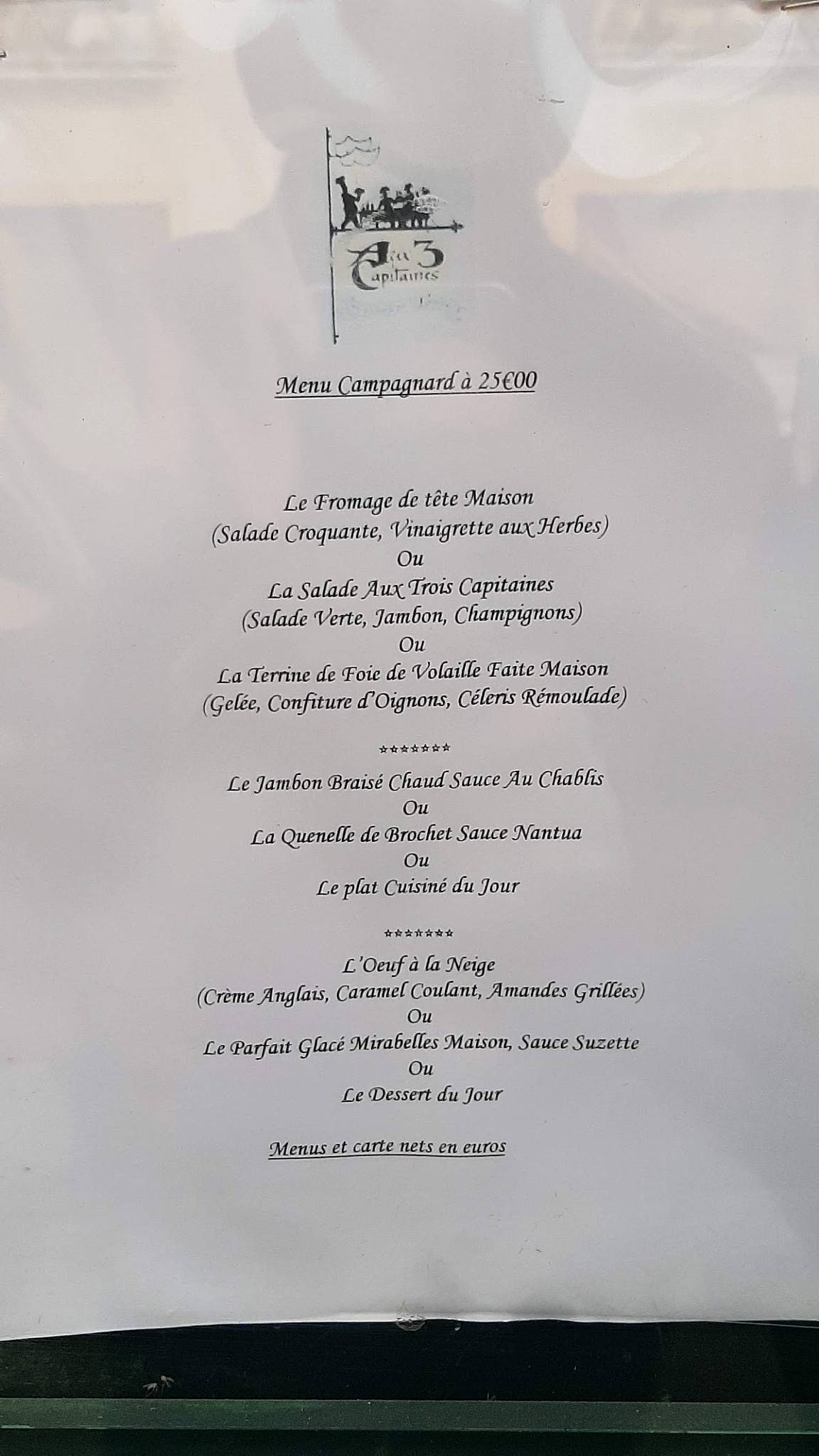 Menu au Aux 3 Capitaines restaurant, Malroy