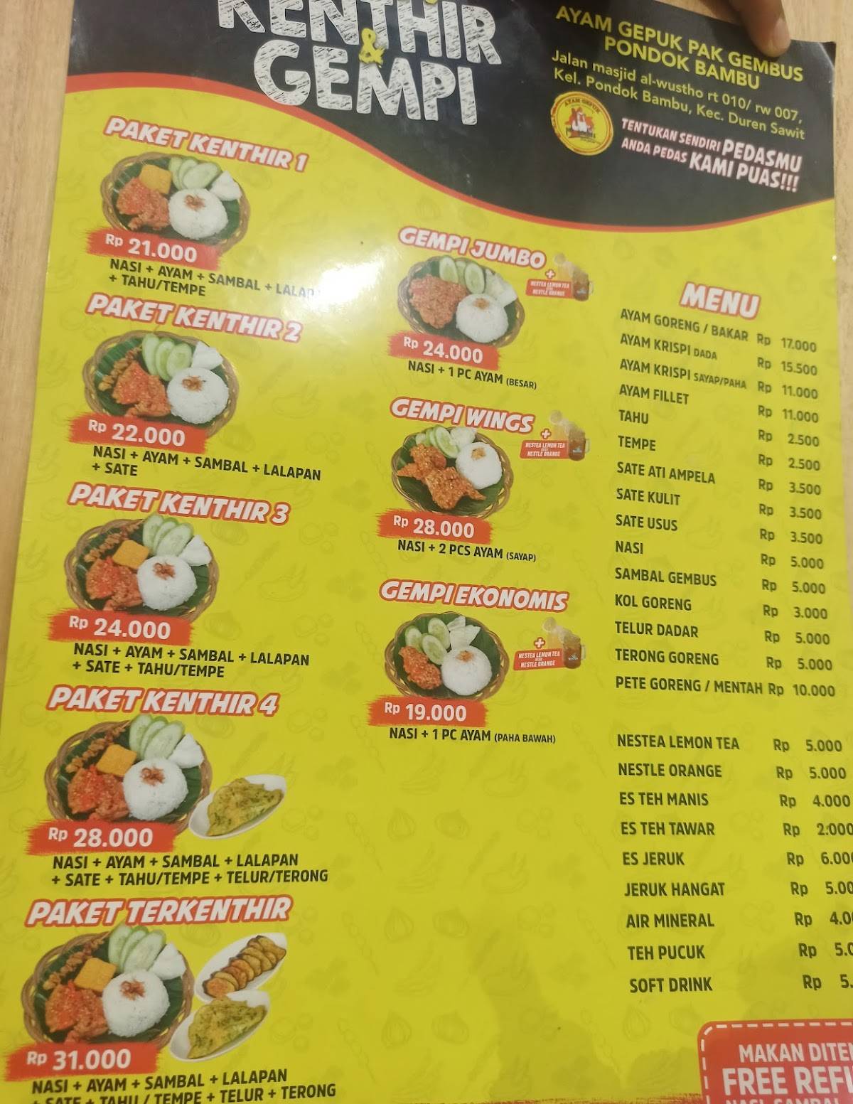 Menu at Ayam Gepuk Pak Gembus Pondok Bambu restaurant, East Jakarta