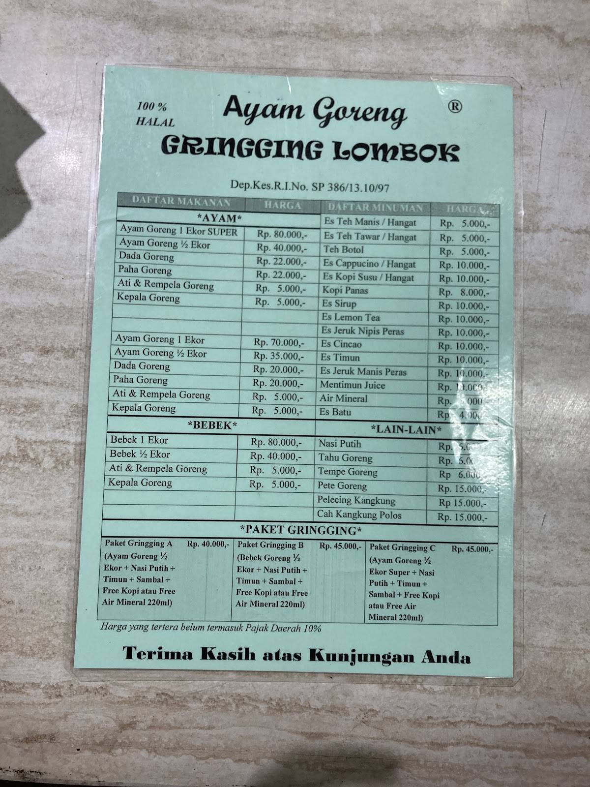 Carta de comida rápida Ayam Goreng Gringging Lombok, Sawotratap, Ruko ...