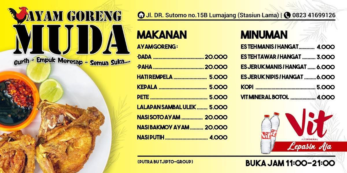 Menu at Ayam Goreng Muda restaurant, Lumajang