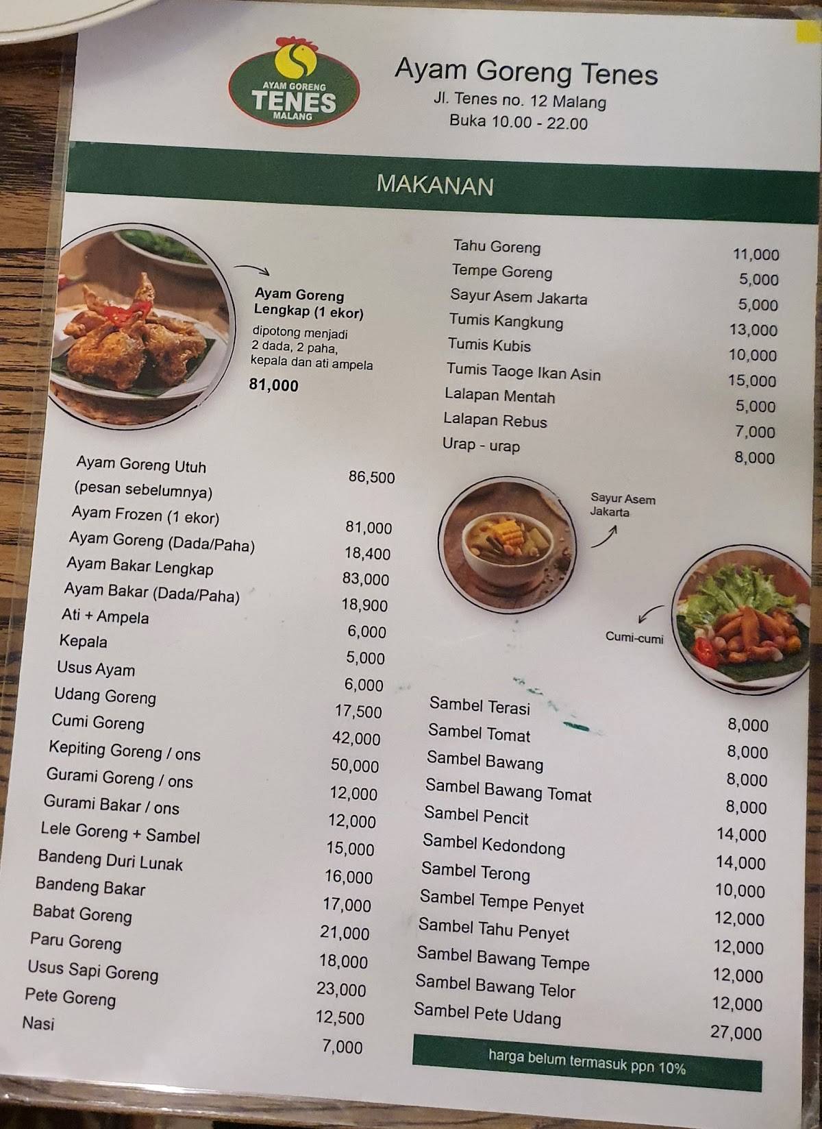 Menu at Ayam Goreng Tenes restaurant, Malang, Jl. Tenes No.12