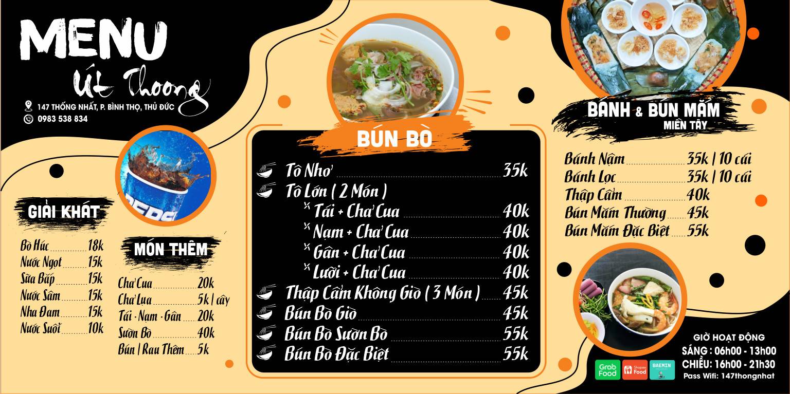 Menu at Bún Bò Huế Út Thoong restaurant, Ho Chi Minh City