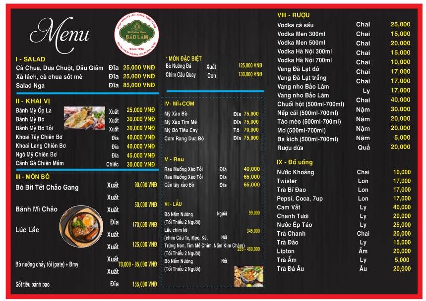 Menu at Bò nướng ngon Bảo Lâm restaurant, Hanoi