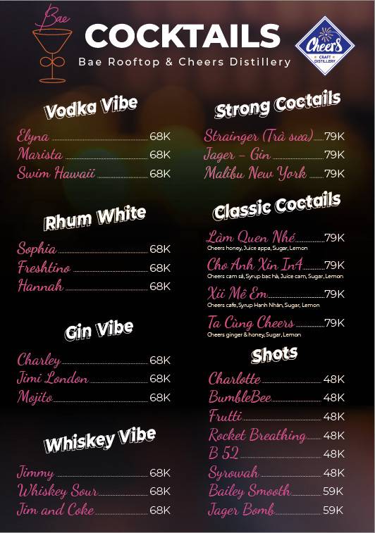 Menu at BAE Rooftop pub & bar, Ho Chi Minh City