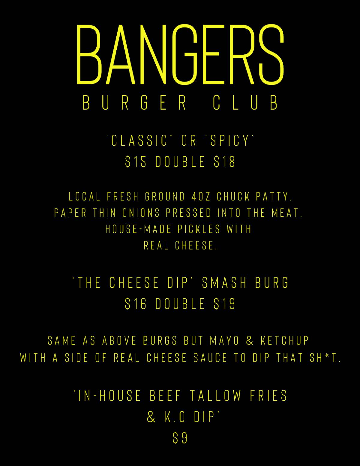 Menu at BANGERS BURGER CLUB, Victoria