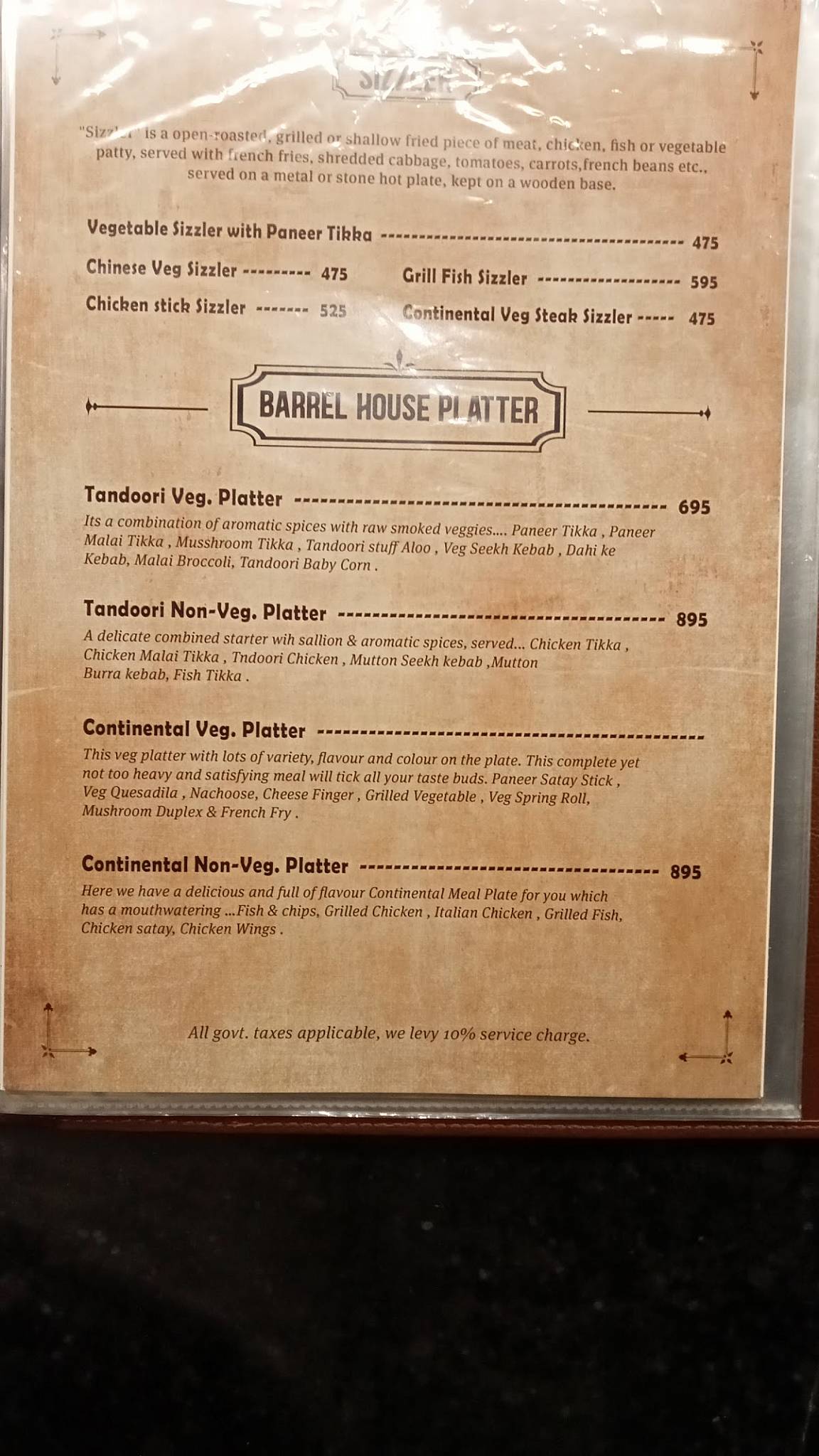 Menu at Barrel House, Allahabad