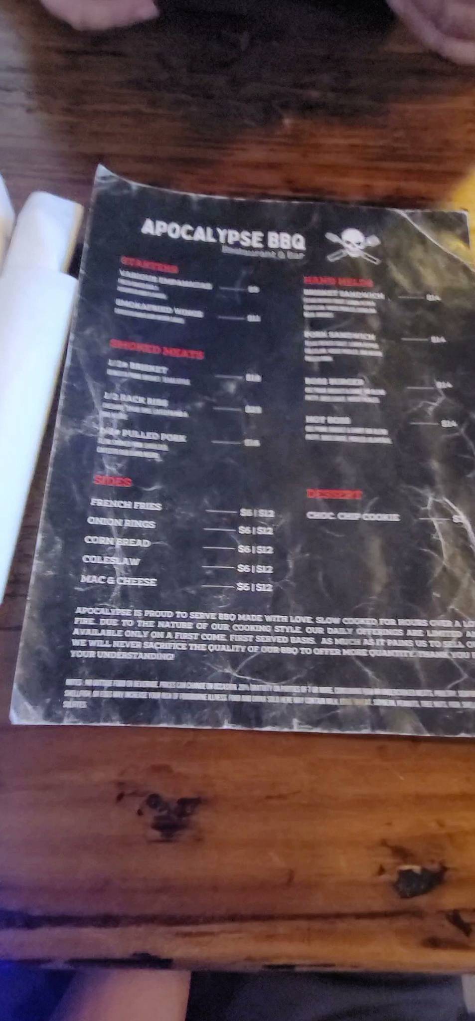 Menu at Apocalypse BBQ, Miami, SW 104th St