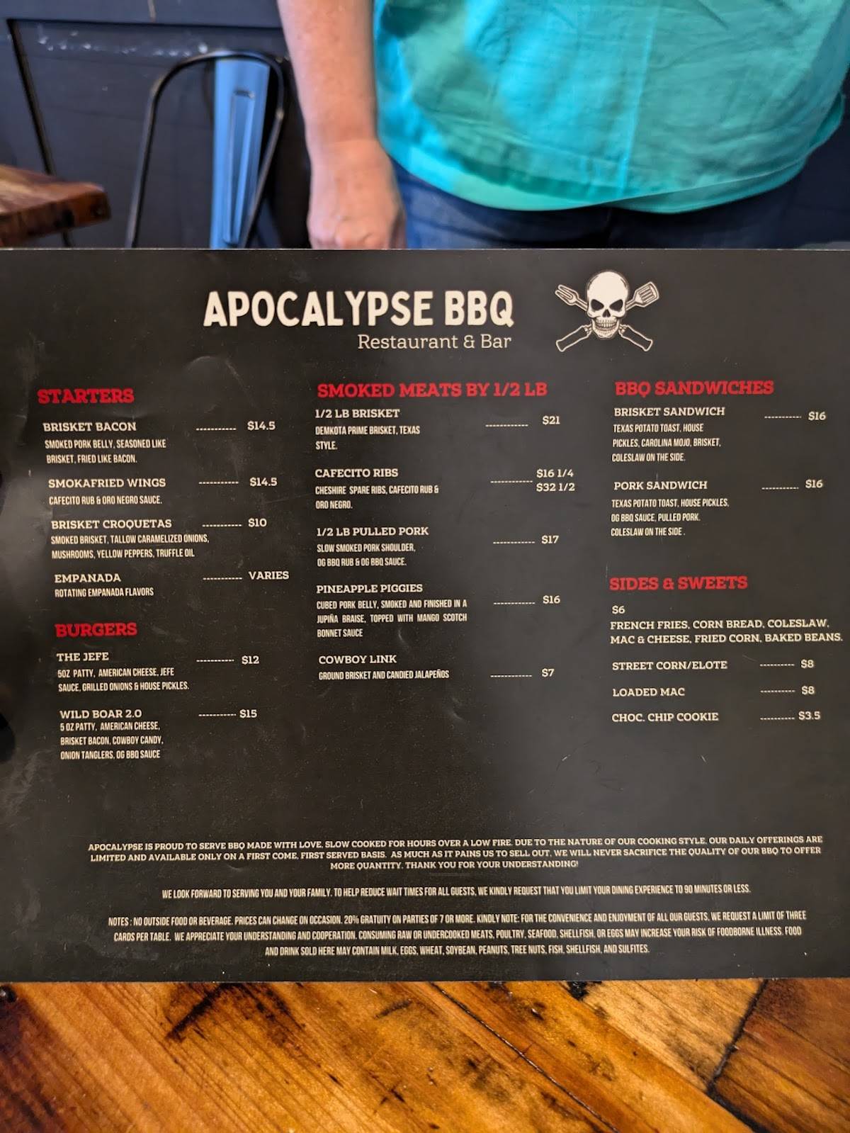 Menu at Apocalypse BBQ, Miami, SW 104th St