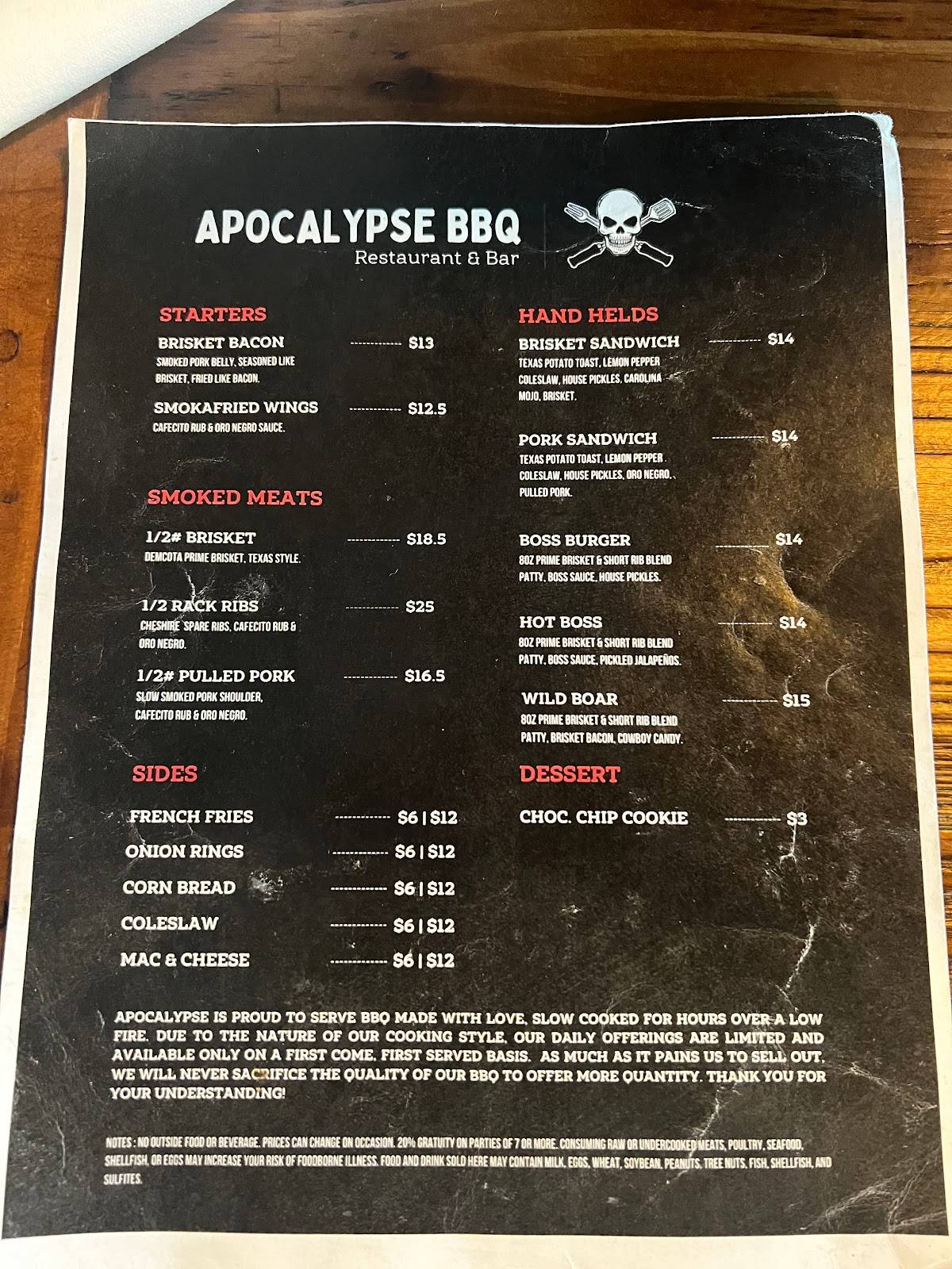 Menu at Apocalypse BBQ, Miami, SW 104th St