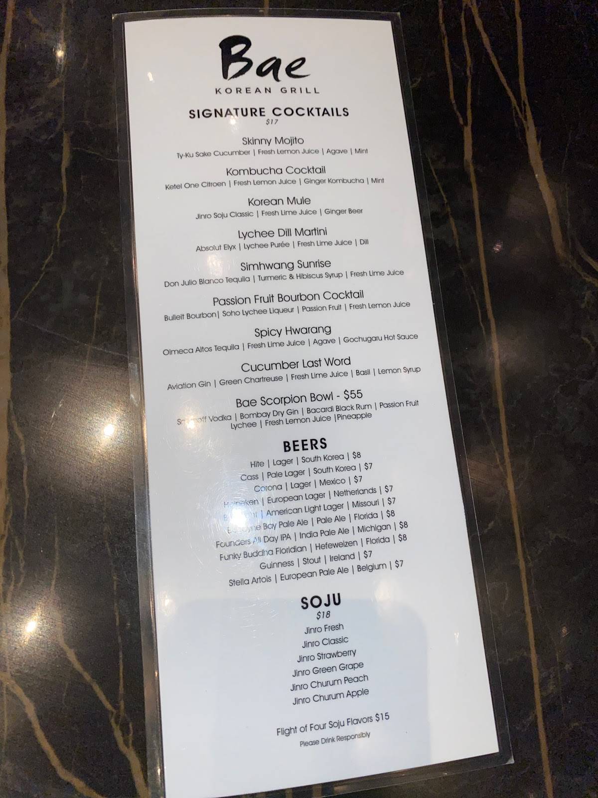 Menu at Bae Korean Grill BBQ, Hollywood