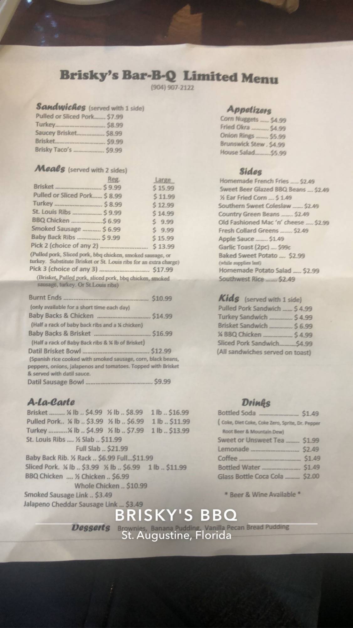 Menu at Brisky's BBQ, St. Augustine