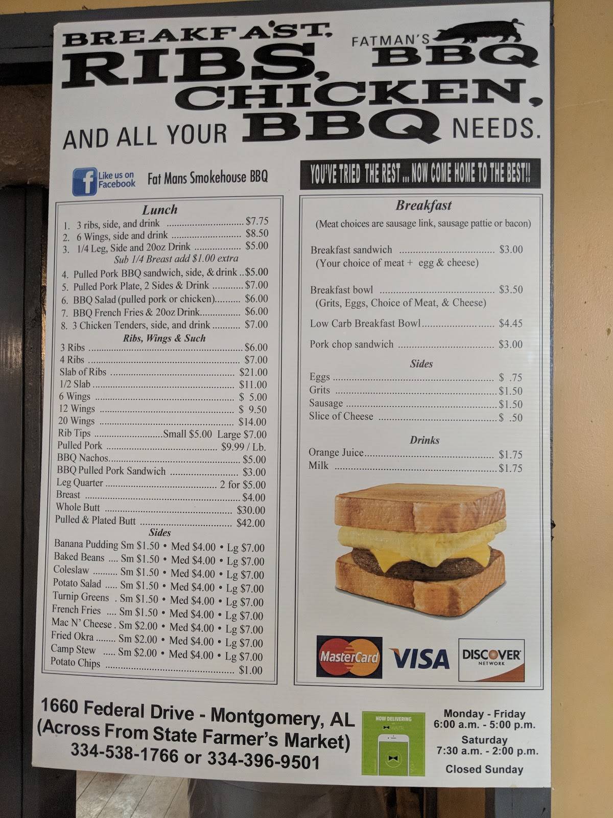 Menu at Fat Man's Smokehouse BBQ, Montgomery, Federal Dr