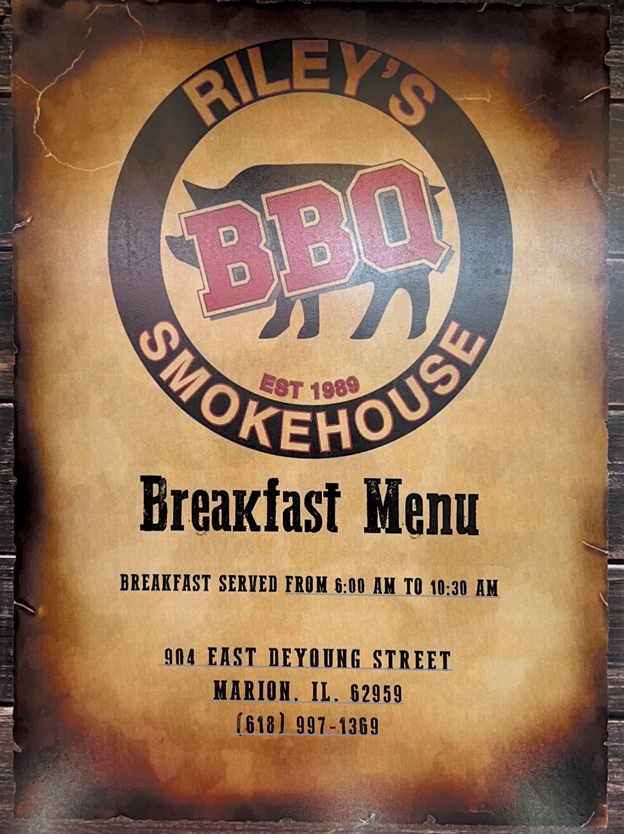 Menu at Riley's Smokehouse BBQ, Marion