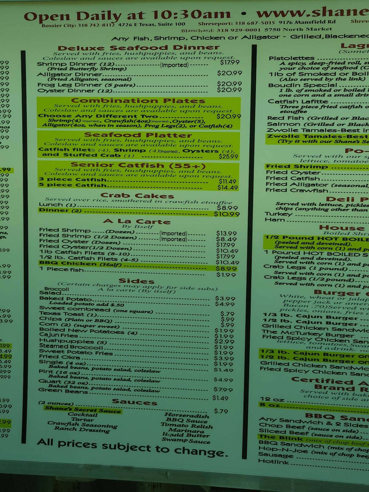 Menu at Shane's Seafood & BBQ, Bossier City, E Texas St