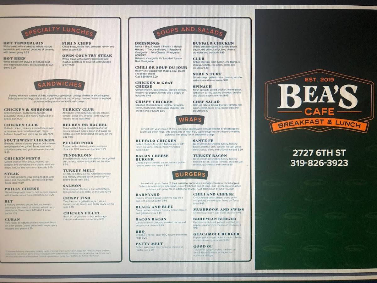 Menu at BEA'S CAFE, Cedar Rapids
