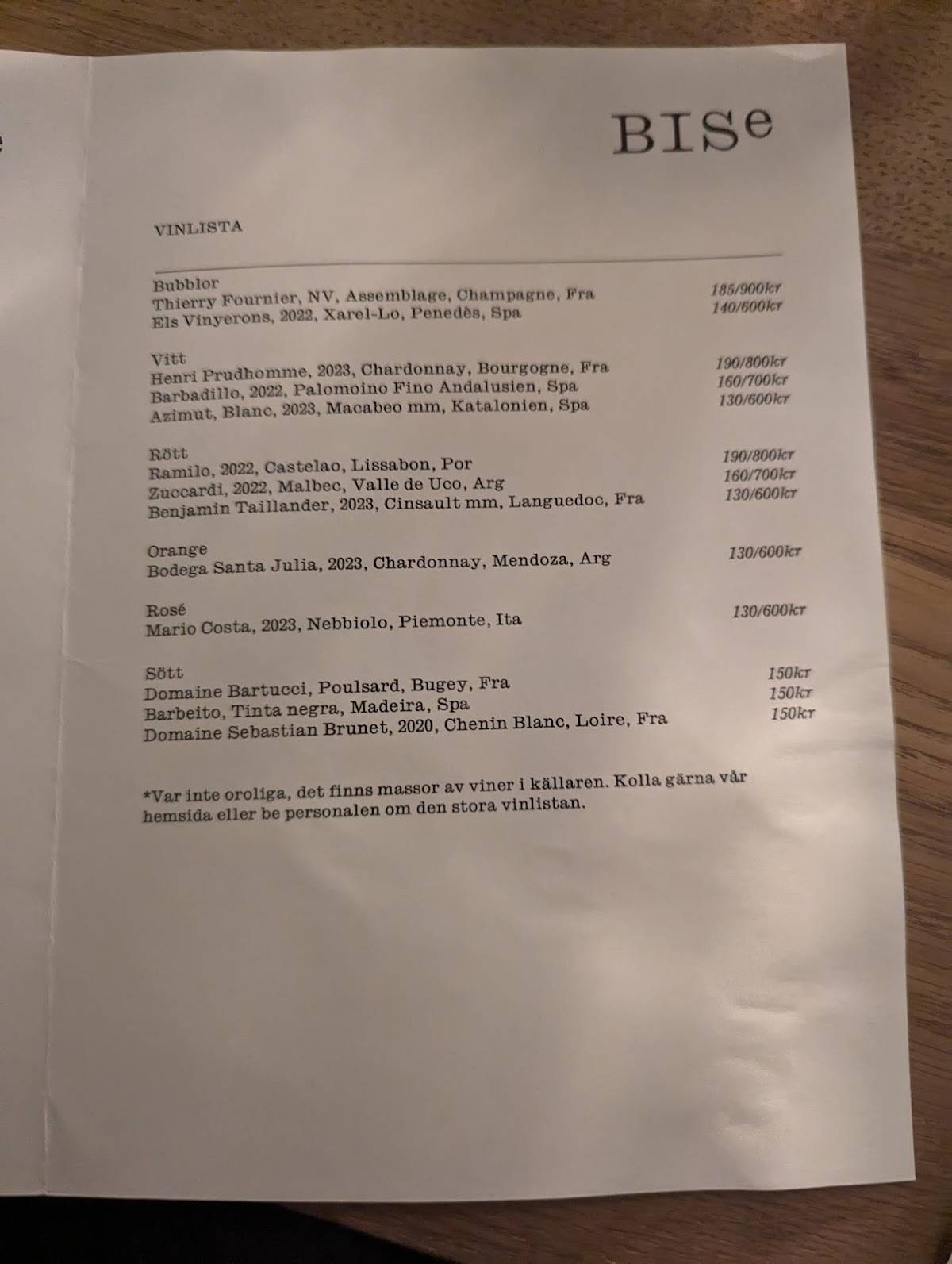 Menu at BISe - Mat & Vinbar, Malmö