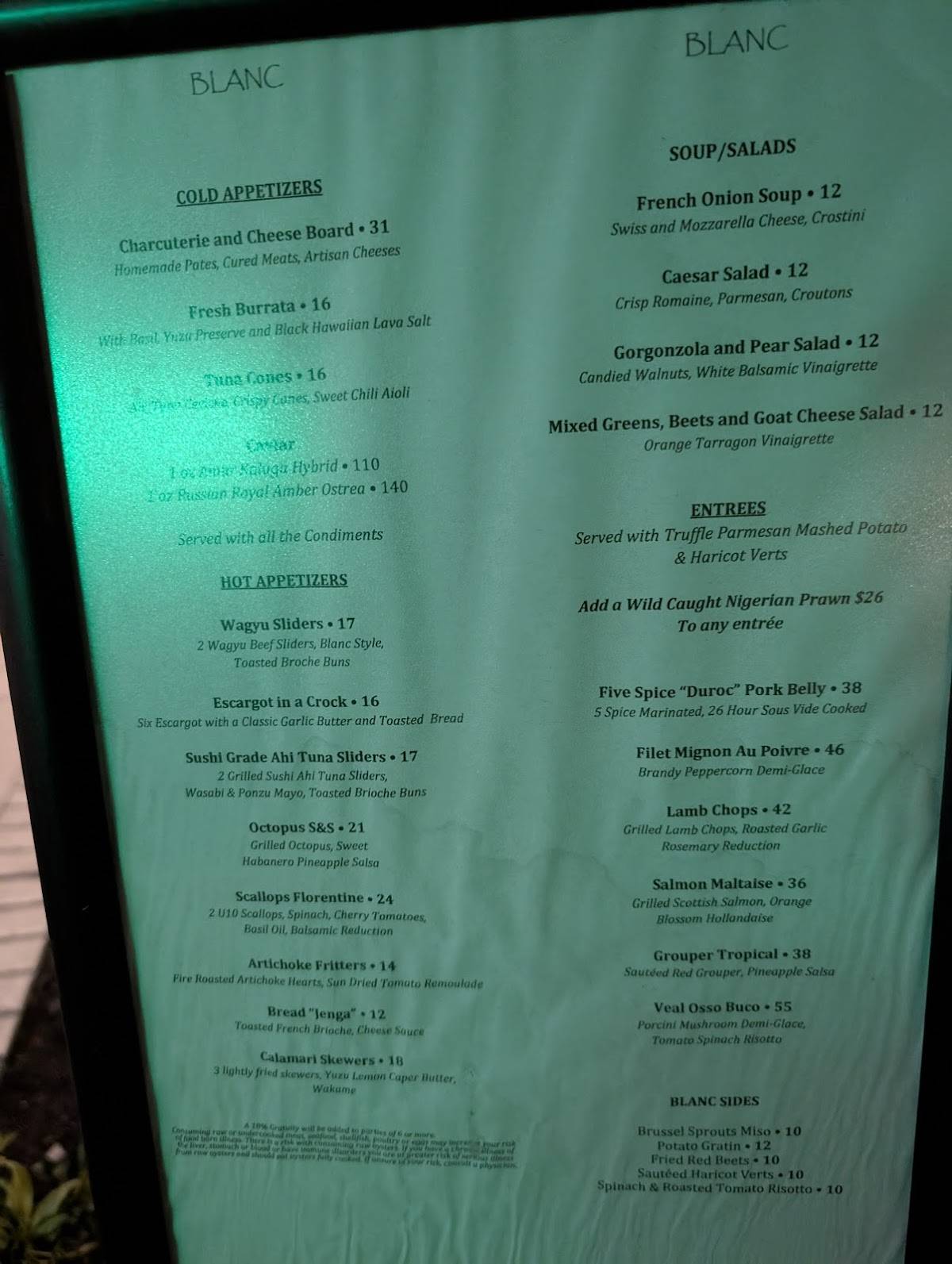 Menu at BLANC pub & bar, Fort Myers