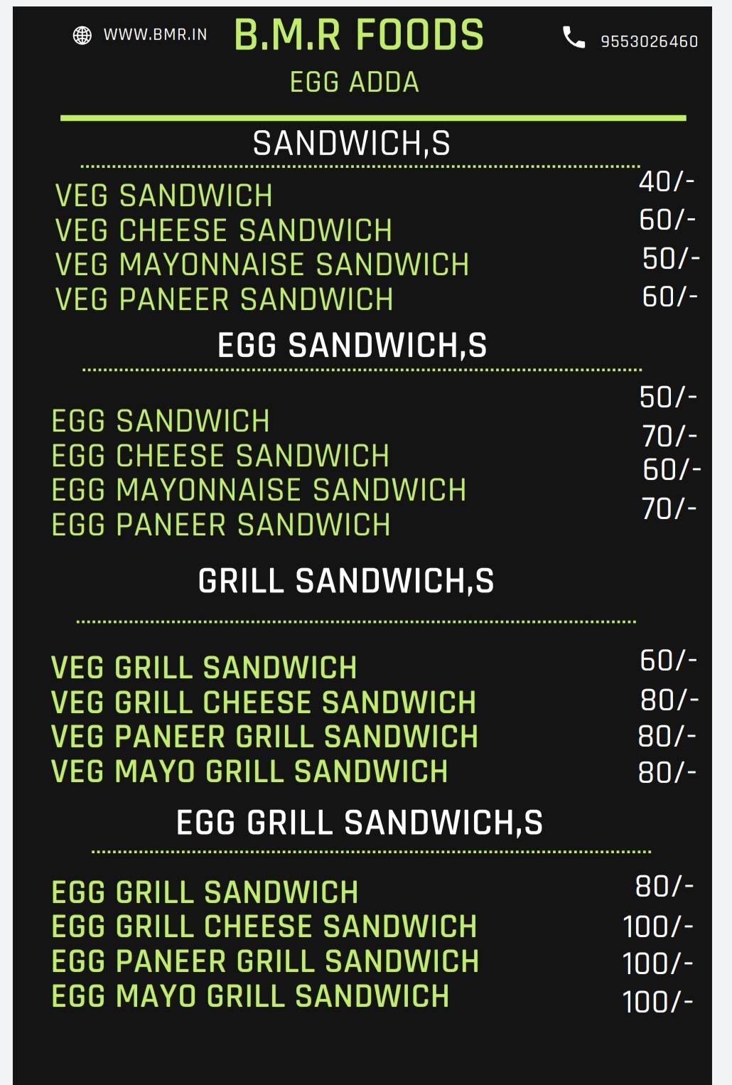 Menu at BMR FOODS EGG ADDA, Hyderabad