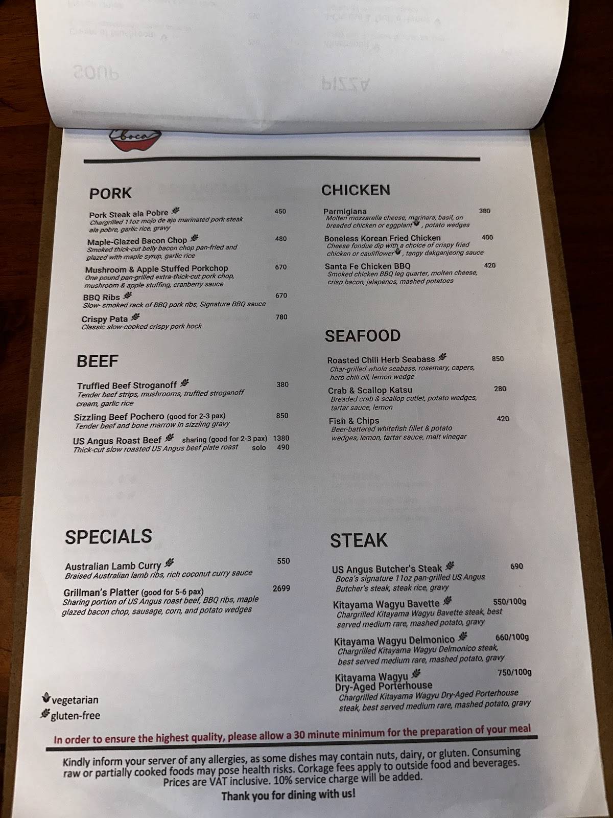 Menu at BOCA restaurant, Mandaue City