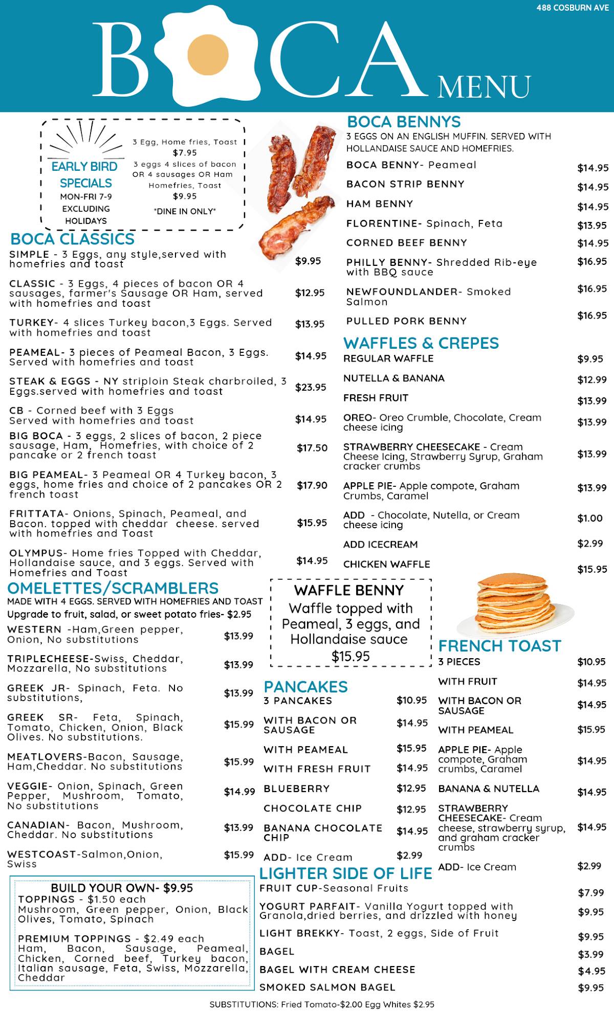 Menu at BOCA Brunch On Cosburn Avenue restaurant, Toronto