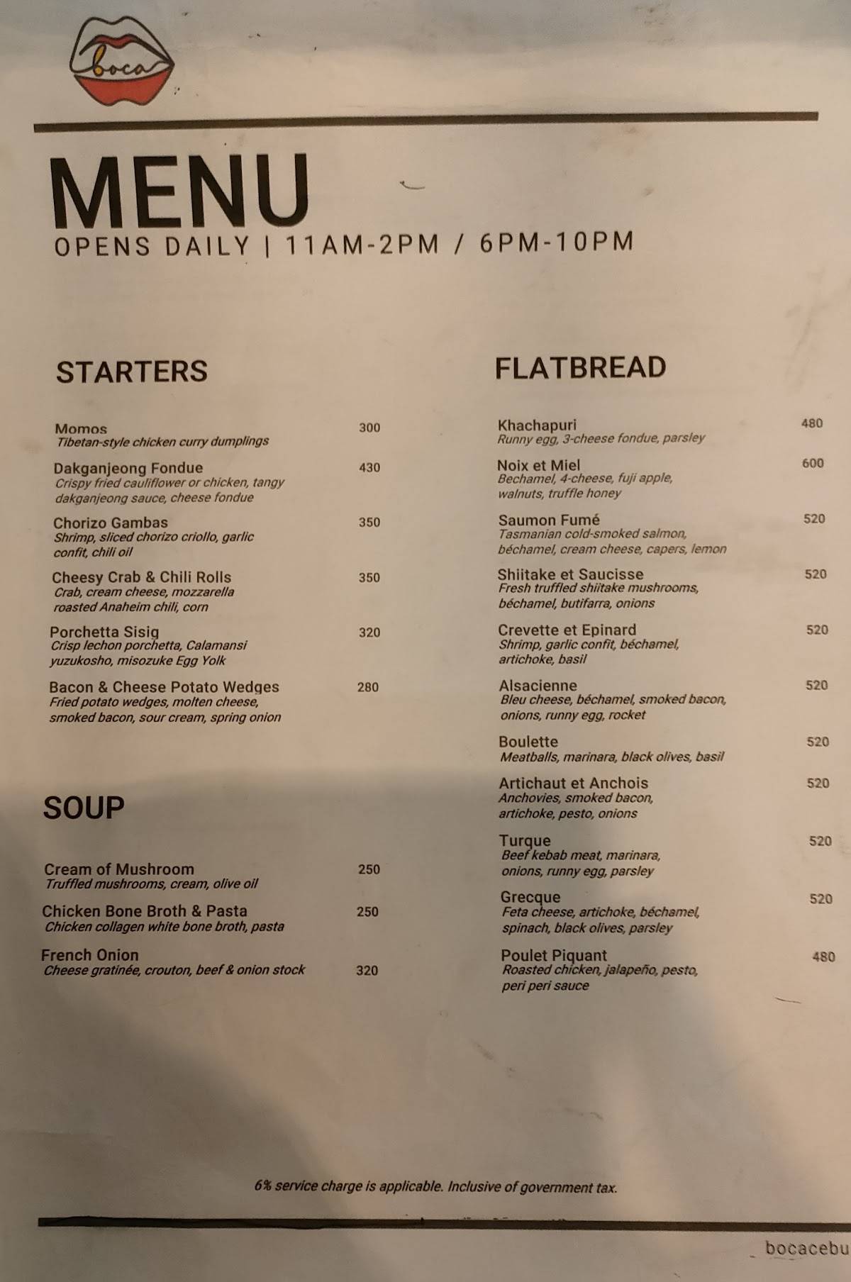 Menu at BOCA restaurant, Mandaue City