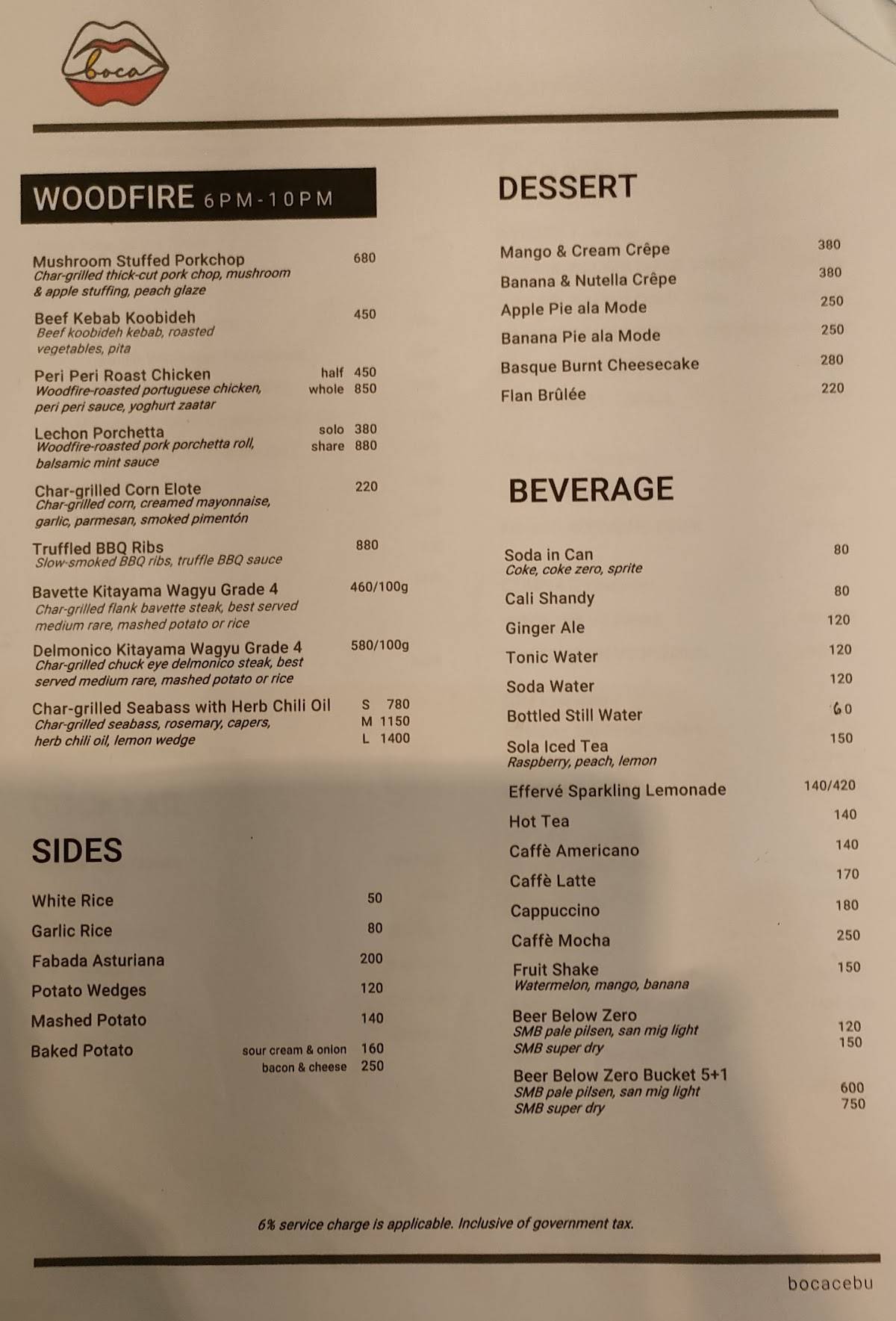 Menu at BOCA restaurant, Mandaue City