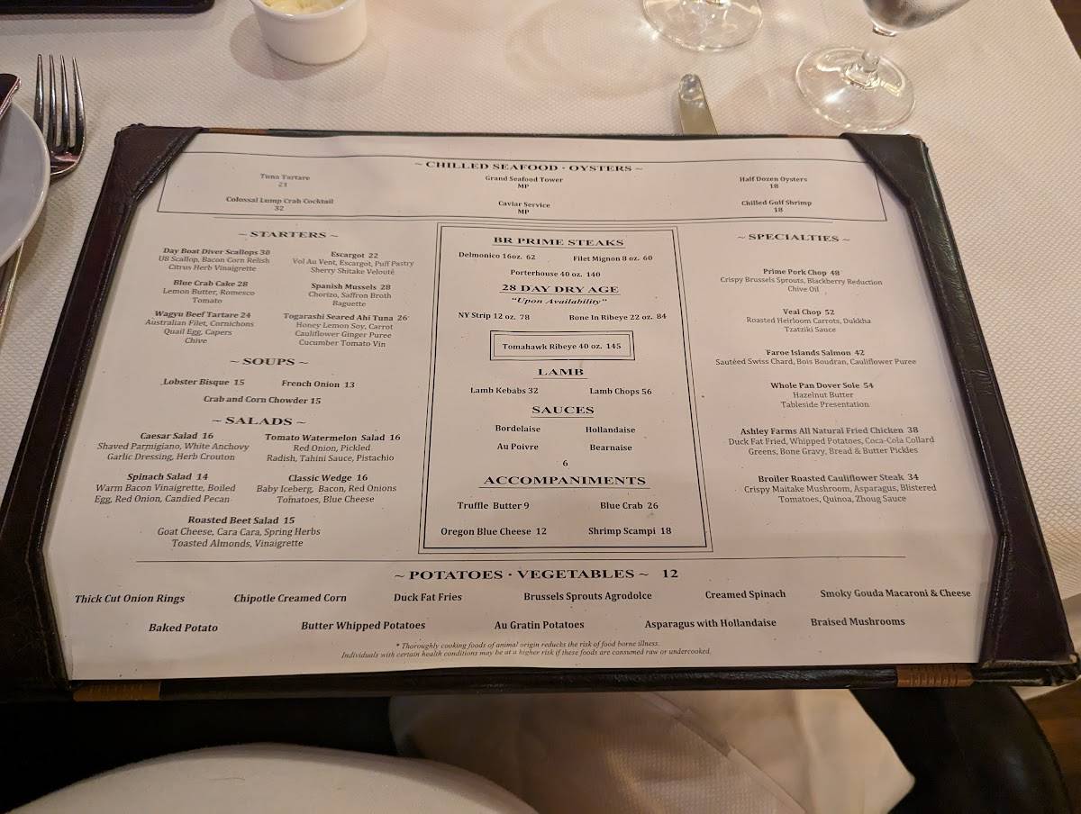 Menu at BR Prime steakhouse, Biloxi, 875 Beach Boulevard