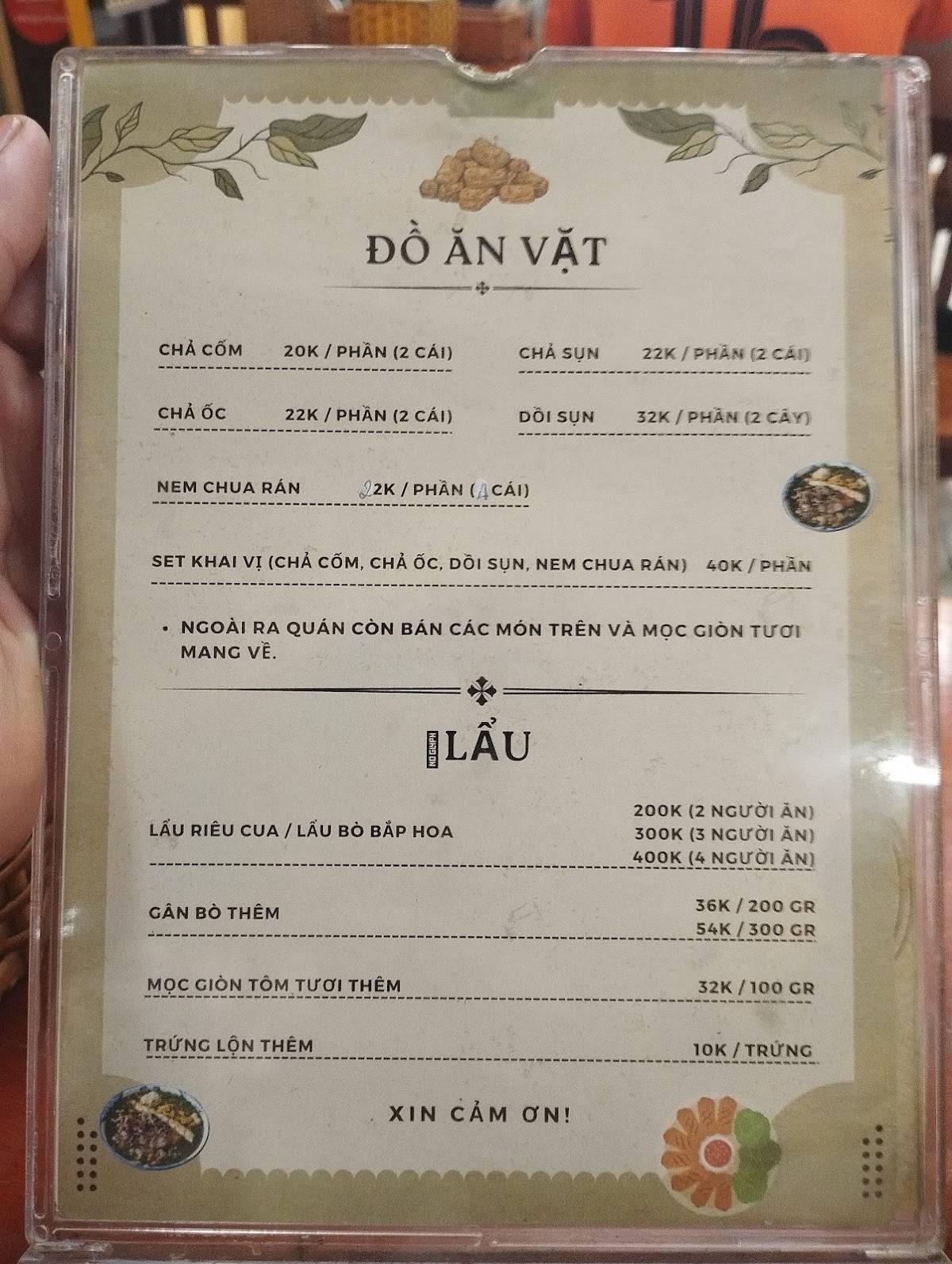 Menu at BÚN RIÊU TÓP MỠ MỌC GIÒN CÔ HƯƠNG BÉO restaurant, Ho Chi Minh City