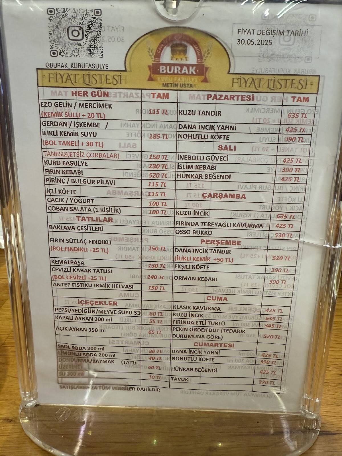 Menu au BURAK Kuru Fasulye restaurant, Istanbul, Muhsin Yazıcıoğlu Cd ...
