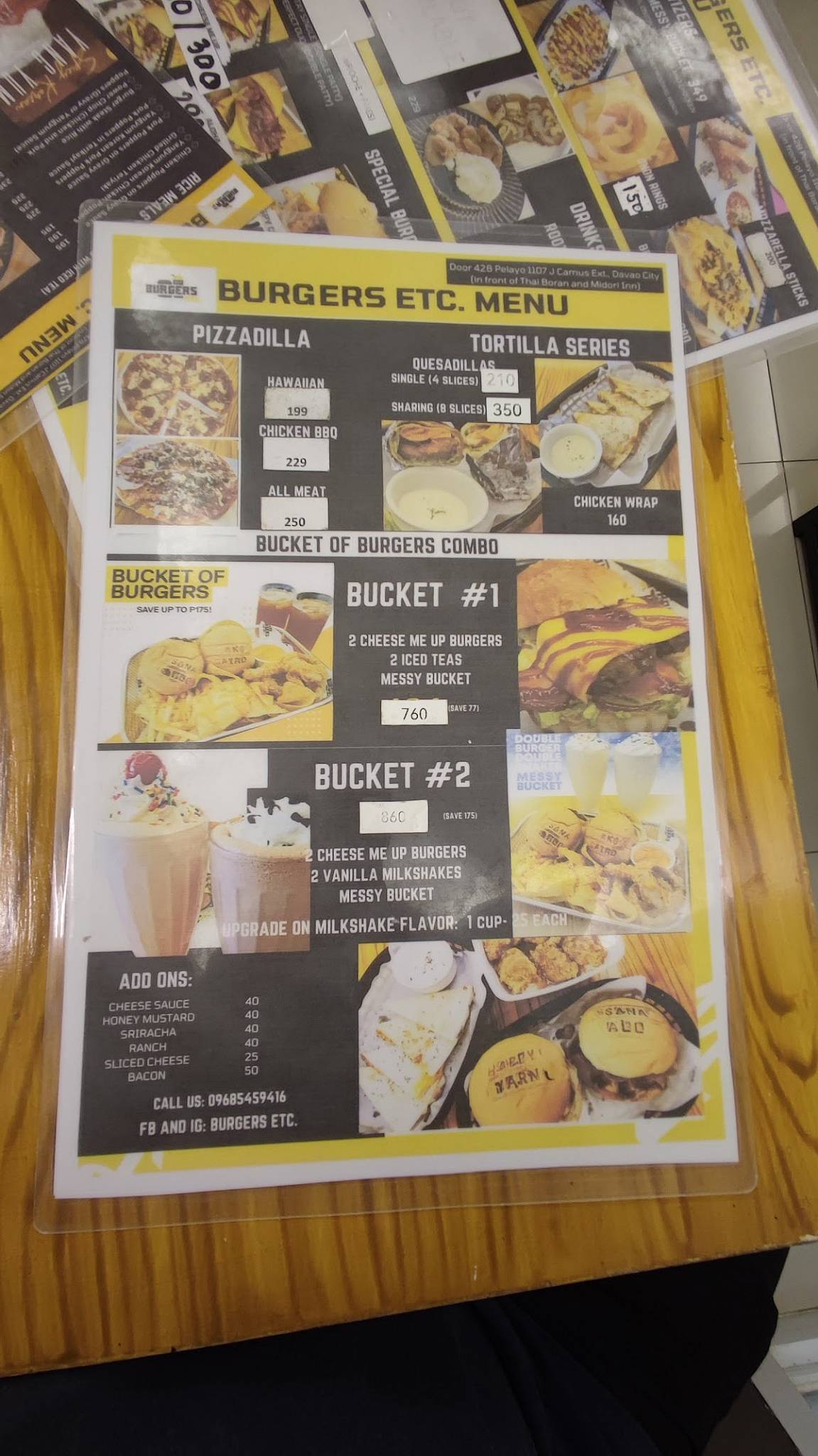 Menu at Burgers etc. restaurant, Davao City