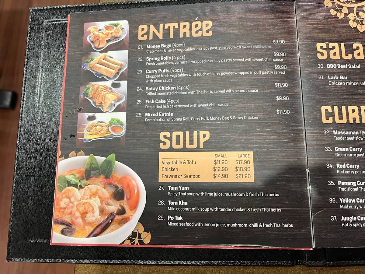 Menu at Baan Chiang restaurant, Rydalmere