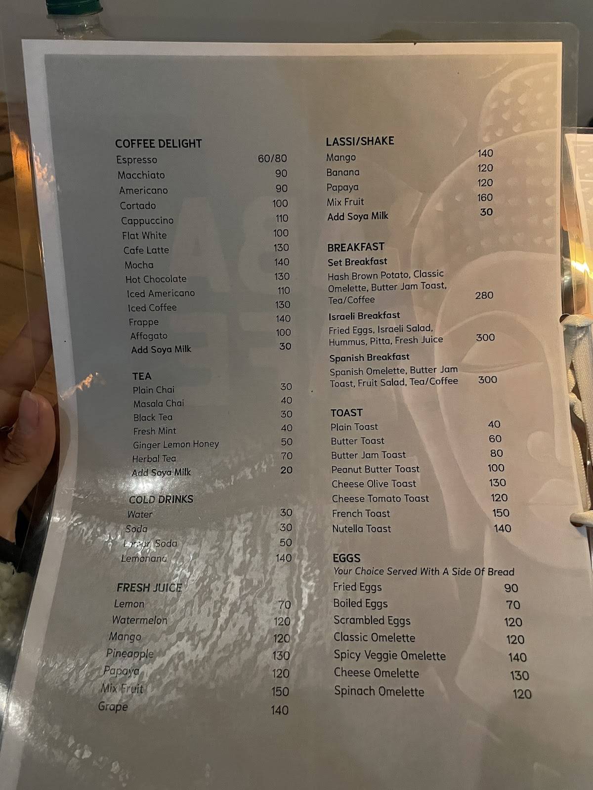 Menu at Baba Cafe, Dharamshala