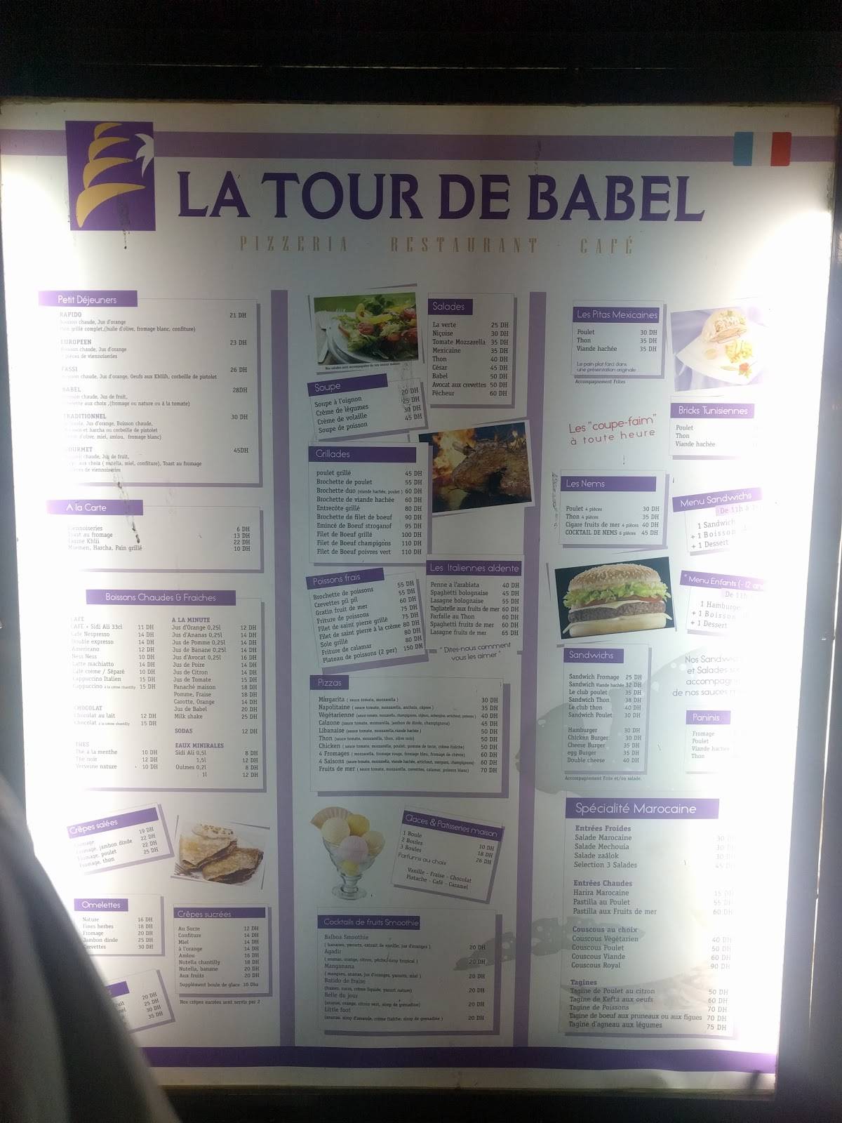 Menu au La Tour de Babel café, Agadir