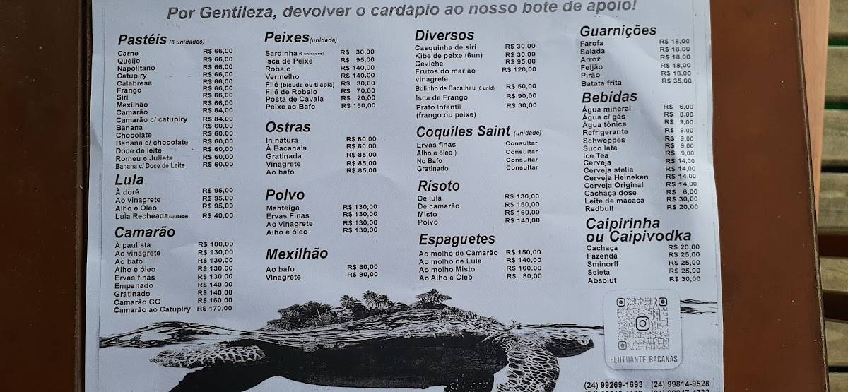 Menu em Bacanas Bar flutuante, Angra dos Reis, Praia do sítio forte ...