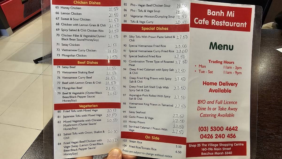 Menu at Banh Mi Cafe - Restaurant, Bacchus Marsh