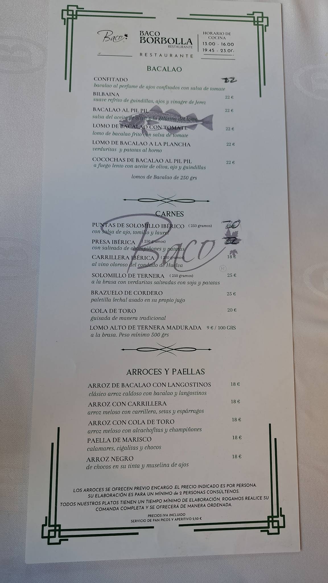Carta del restaurante Baco Borbolla, Sevilla, Av. del la Borbolla