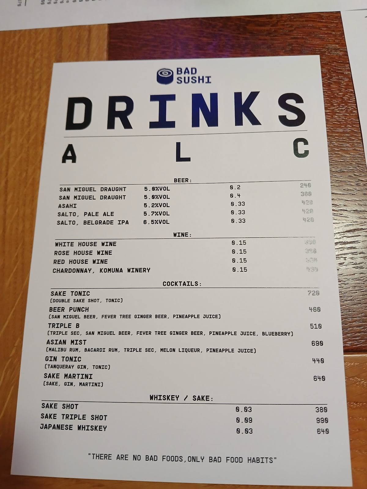 Menu at Bad Sushi restaurant, Belgrade