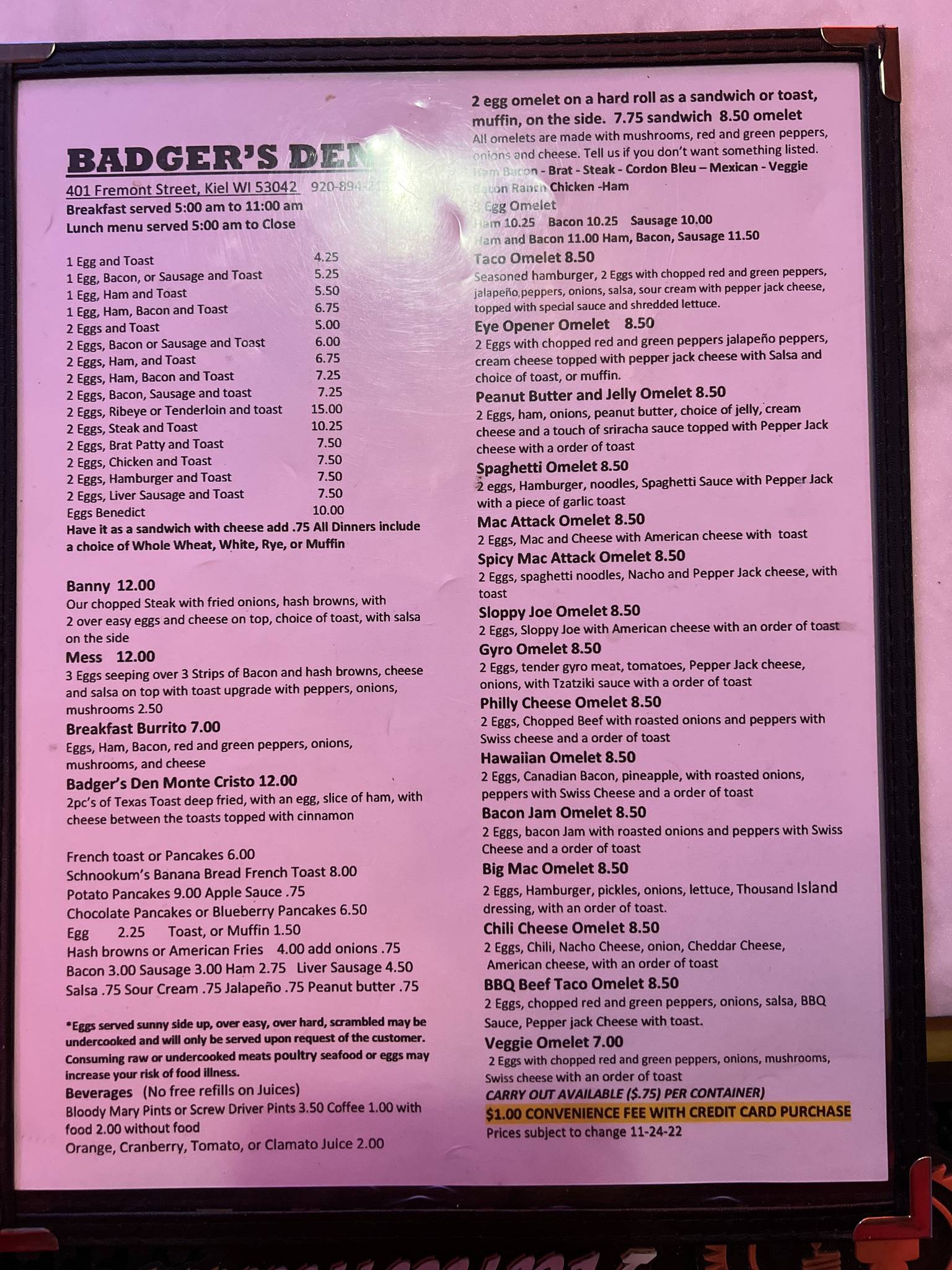 Menu at Badger's Den pub & bar, Kiel
