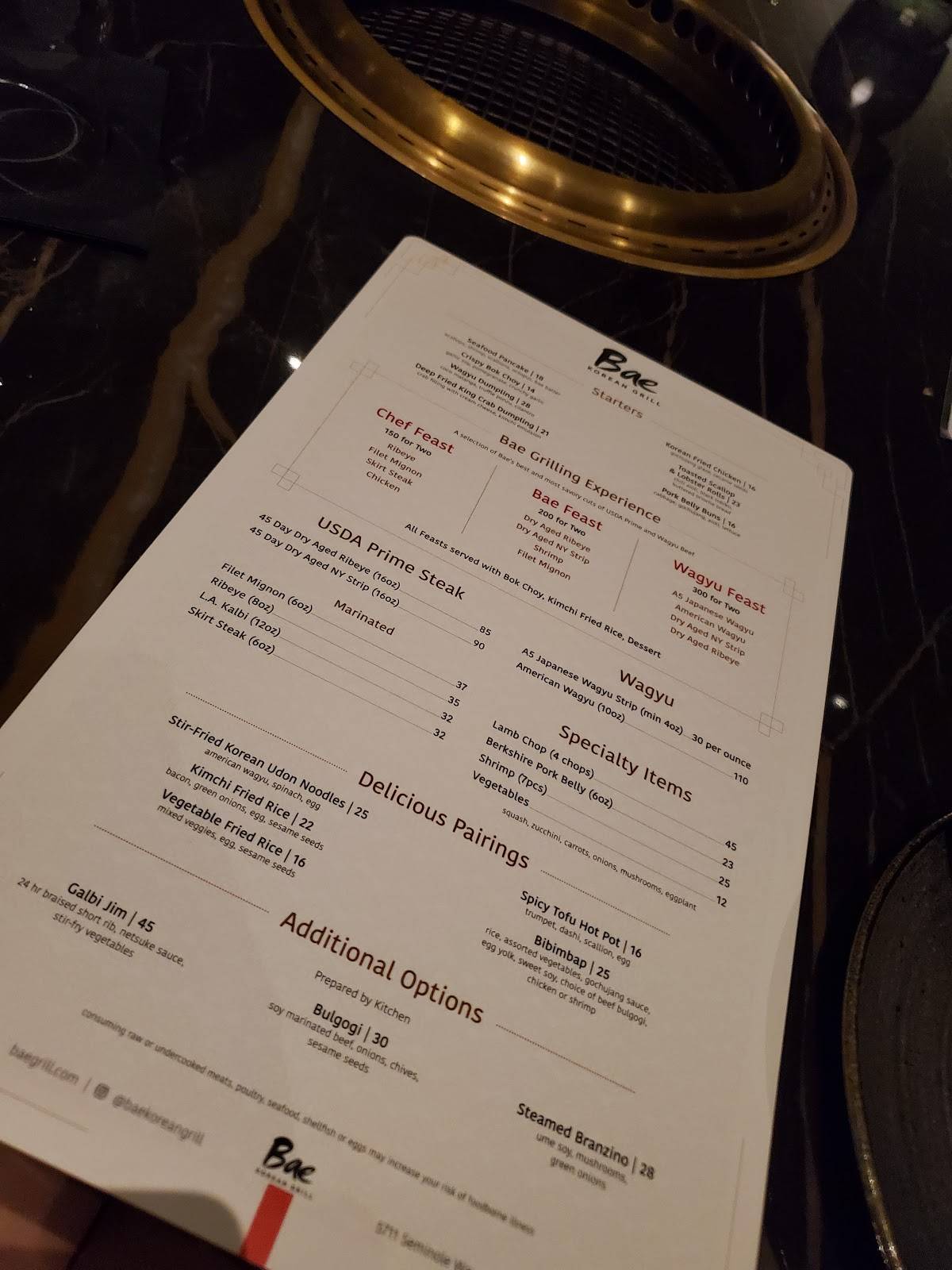 Menu at Bae Korean Grill BBQ, Hollywood