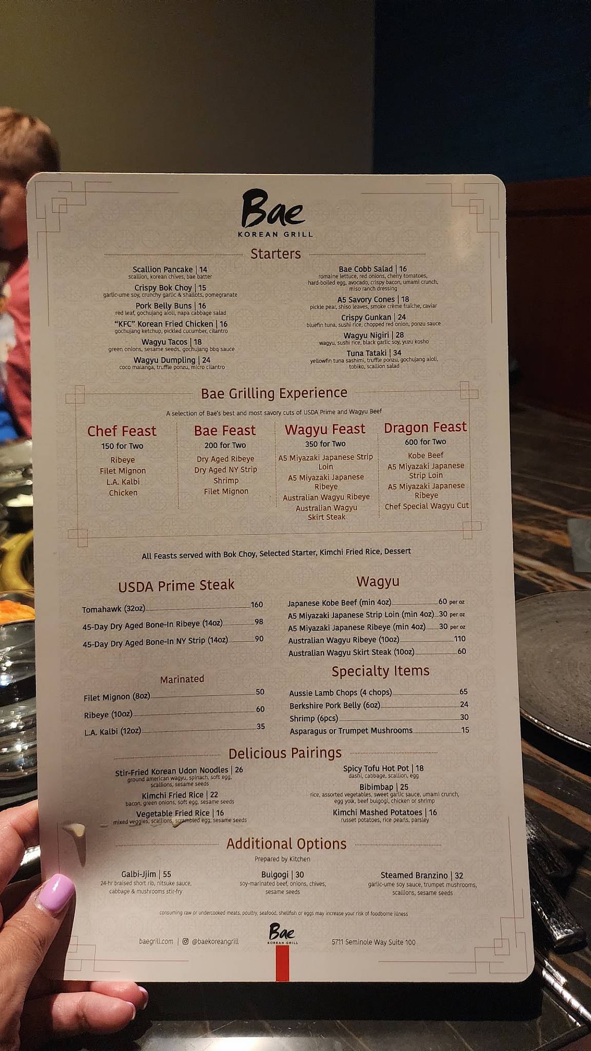 Menu at Bae Korean Grill BBQ, Hollywood