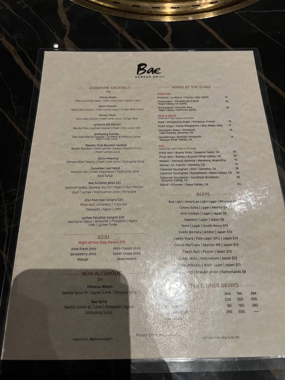 Menu at Bae Korean Grill BBQ, Hollywood