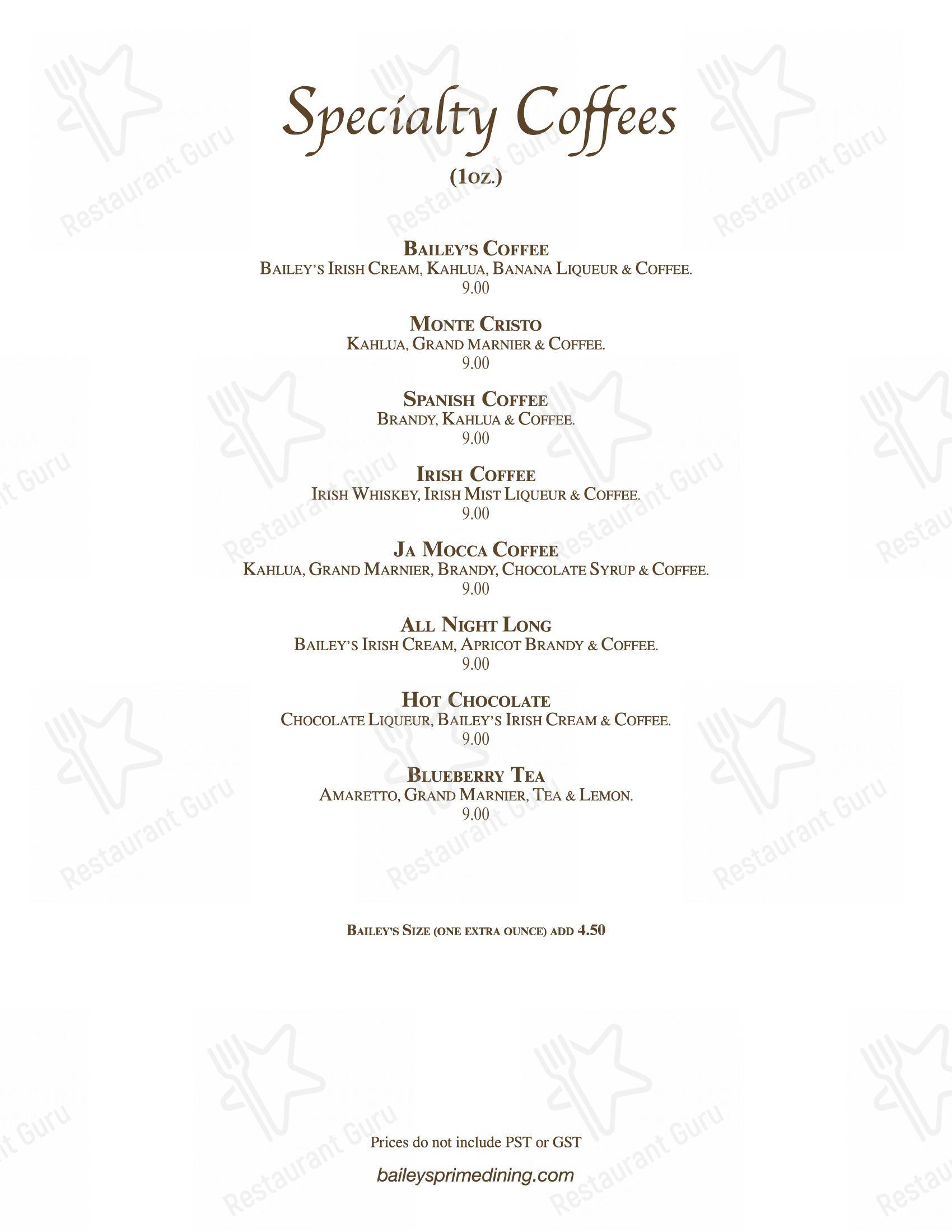 Menu at Bailey's Restaurant, Winnipeg, 185 Lombard Ave