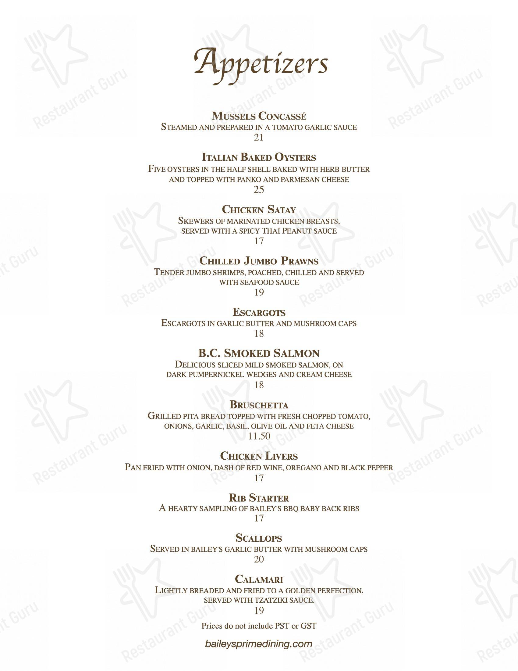 Menu at Bailey's Restaurant, Winnipeg, 185 Lombard Ave