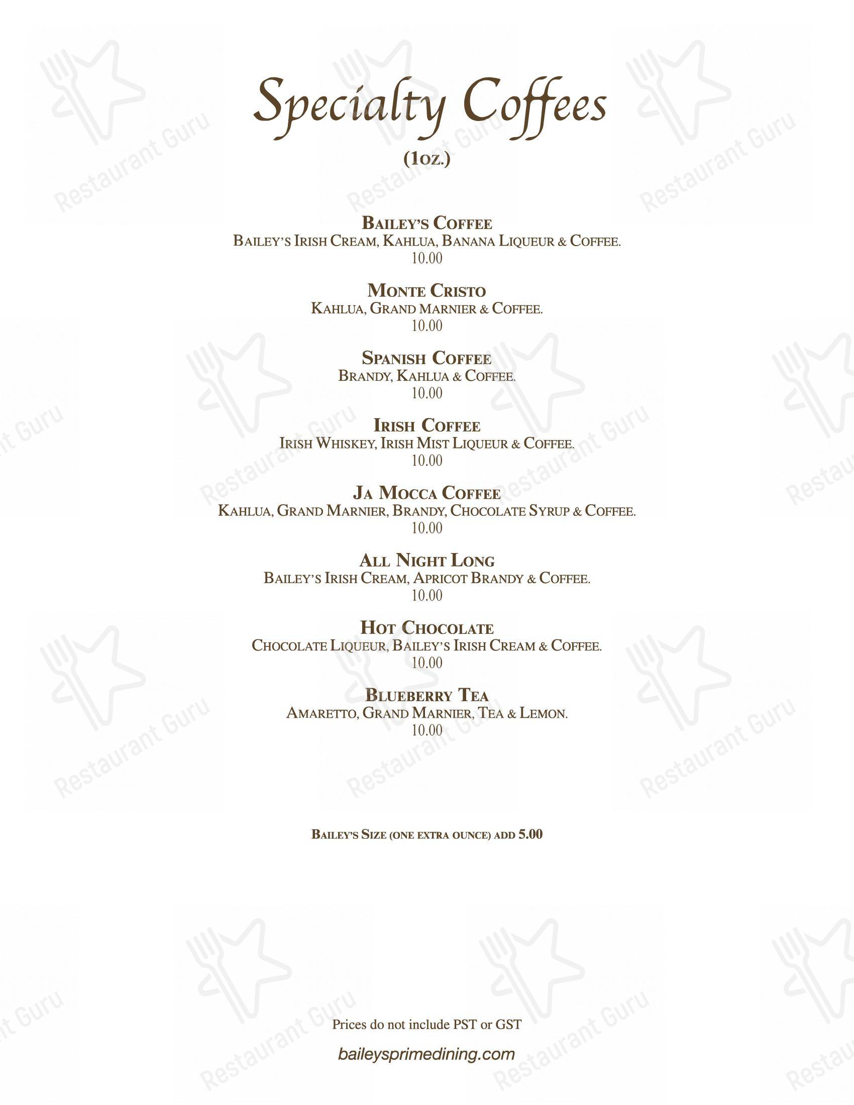 Menu at Bailey's Restaurant, Winnipeg, 185 Lombard Ave