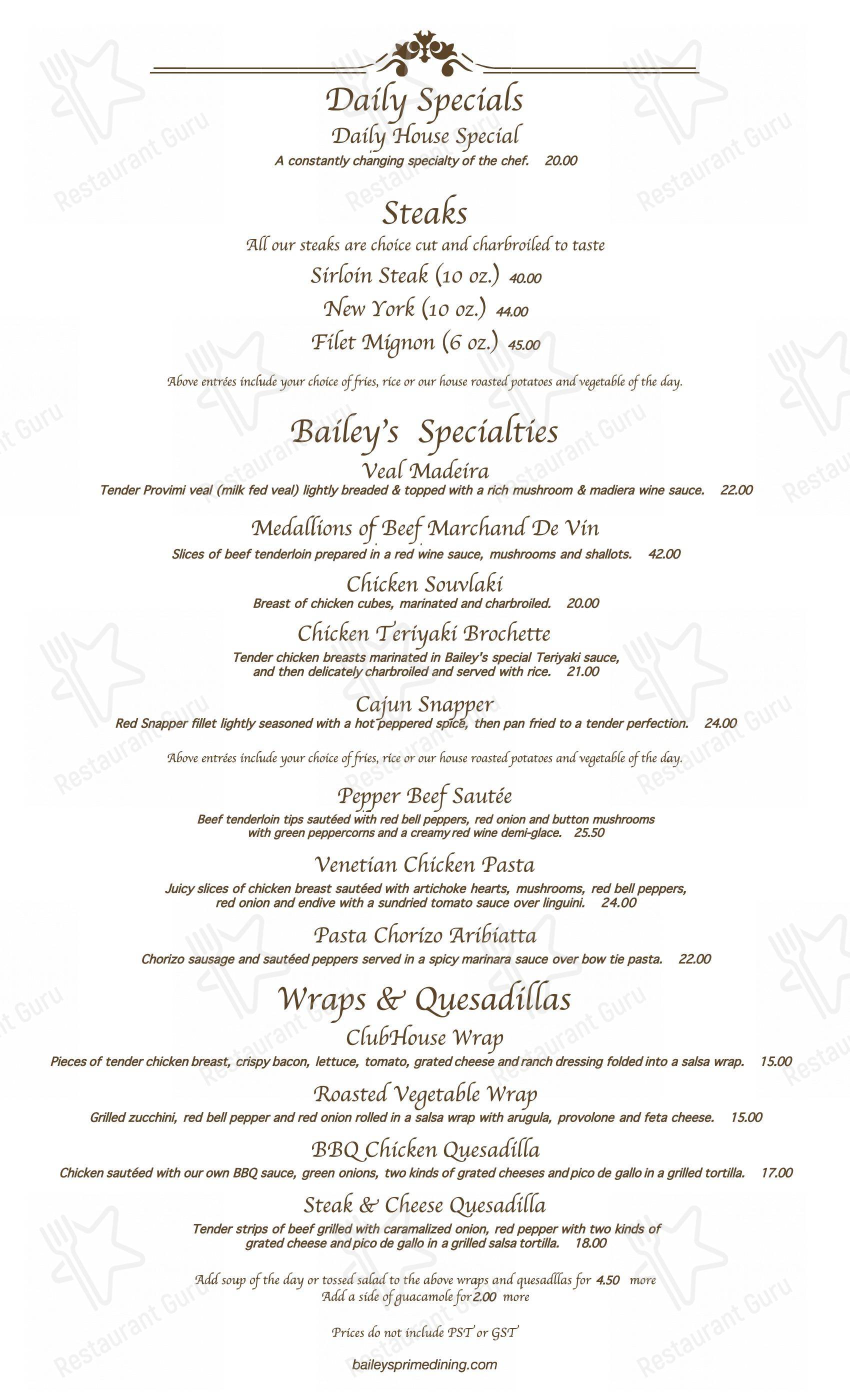 Menu at Bailey's Restaurant, Winnipeg, 185 Lombard Ave