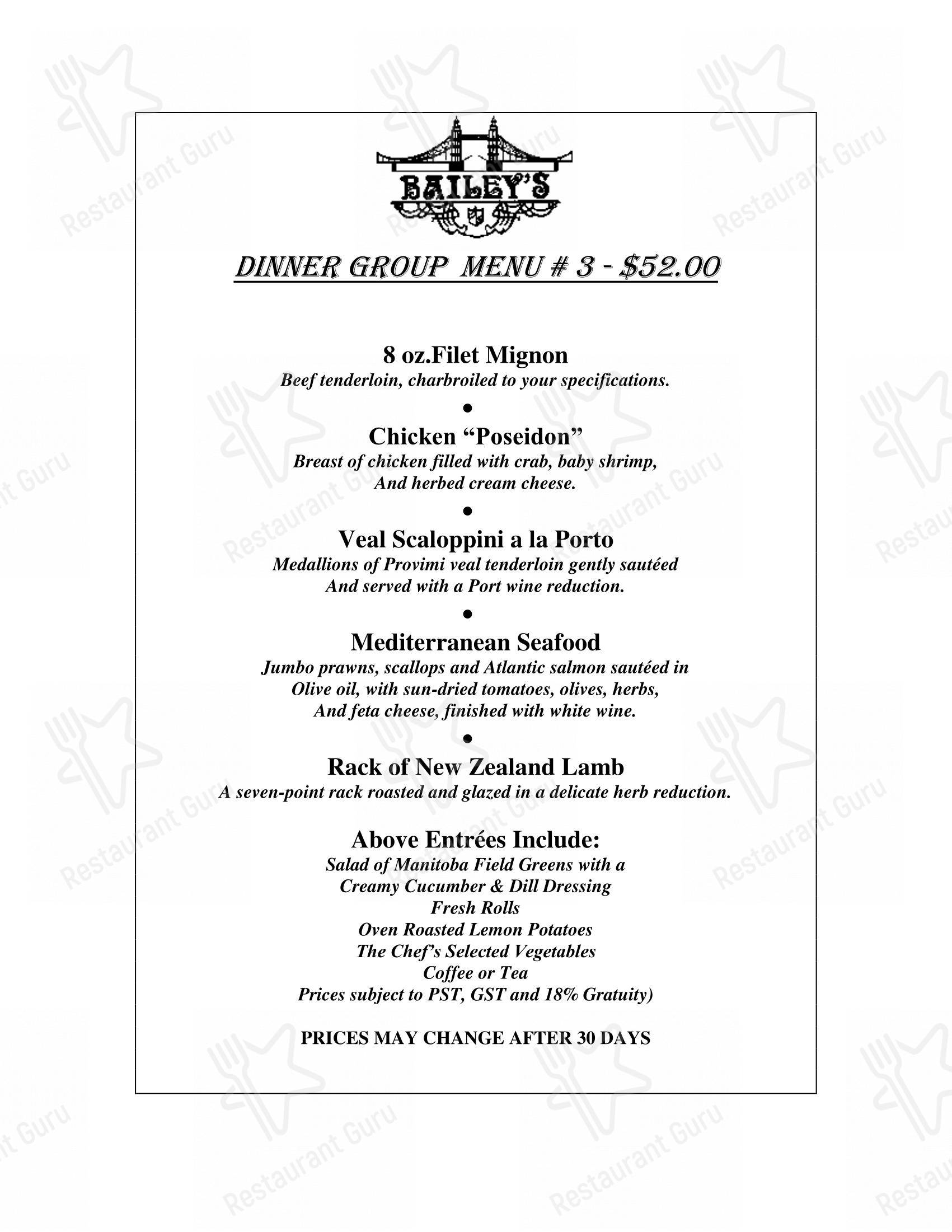 Menu at Bailey's Restaurant, Winnipeg, 185 Lombard Ave