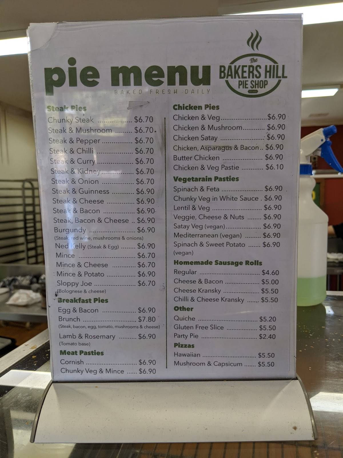 Menu at Bakers Hill Pie Shop restaurant, Bakers Hill