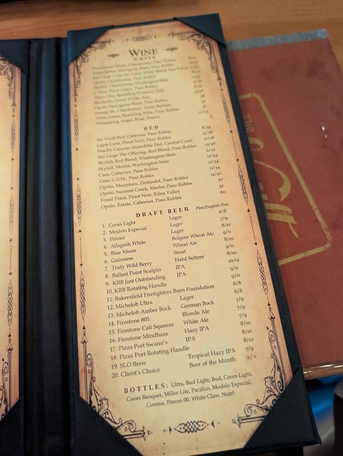 Menu at The Vault pub & bar, Bakersfield